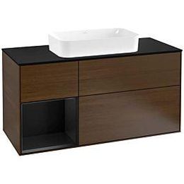 Villeroy & Boch Villeroy und Boch Finion Waschtischunterschrank F292PDGN 120cm, Abdeckplatte black matt, Regal links Black matt lacquer, Walnut veneer