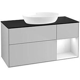 Villeroy & Boch Villeroy und Boch Finion Waschtischunterschrank FA72GFGJ 120cm, Abdeckplatte black matt, Regale Glossy white lacquer, Light grey matt