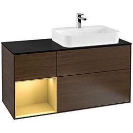 Villeroy & Boch Villeroy und Boch Finion Waschtischunterschrank G392HFGN 120cm, Abdeckplatte black matt, Emotion, Regal links Gold matt, Walnut veneer