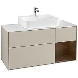 Villeroy & Boch Villeroy und Boch Finion Waschtischunterschrank F171GNHH 120cm, Abdeckplatte white matt, Regal rechts Walnut veneer, Sand Matt Lacquer