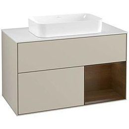 Villeroy & Boch Villeroy und Boch Finion Waschtischunterschrank G251GNHH 100cm, Abdeckplatte white matt, Emotion, Regal rechts Walnut veneer, Sand Matt Lacquer