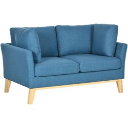 HOMCOM 2-Sitzer Sofa Doppelsofa in Leinenoptik, Zweisitzer mit Kissen, Loveseat mit Holzbeinen für Wohnzimmer, Schlafzimmer, bis 150 kg, Blau, 137 x 78 x 78