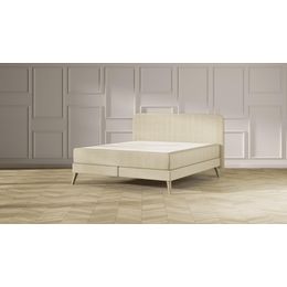 EMMA Elite Boxspringbett - Beige - 200x200 cm - Kopfteil Streifen - Natur Füße