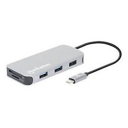 Manhattan USB-C Dock/Hub with Card Reader, Ports (x6): Ethernet, HDMI, USB-A (x3) and USB-C, With Power Delivery (10W) to USB-C Port (Note additional USB-C wall charger and USB-C cable needed), Cable 15cm, Aluminium, Silver, Three Year Warranty, R...