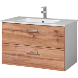 Waschtisch Welltime "Trento Badezimmerschrank mit Becken Bestseller" Waschtische Gr. Becken weiß eckig, braun (wotaneiche, weiß) Badmöbel in Breite 80 cm , Waschplatz mit 2 Schubladen, Badschrank