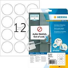 Herma ablösbare Etiketten Nr. 5067, rund, Ø 60 mm, selbstklebend, bedruckbar, Papier, weiß, 300 Stück auf 25 Blatt