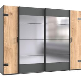 Schwebetürenschrank wimex "Stockholm, Schlafzimmerschrank mit Industrial-Look, rustikale Optik" Schränke Gr. B/H/T: 270 cm x 210 cm x 65 cm, 4 St., grau (plankeneiche, graphit) Kleiderschrank mit Spiegel BESTSELLER Schrank Garderobe