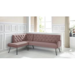 Eckbank exxpo - SOFA FASHION "Doppio, Chesterfield Optik, komfortabel und bequem, hohe Designfüße" Sitzbänke Gr. B/H/T: 158 cm x 90 cm x 236 cm, Samtvelours, langer Schenkel rechts, pink (powder pink) Frei im Raum stellbar