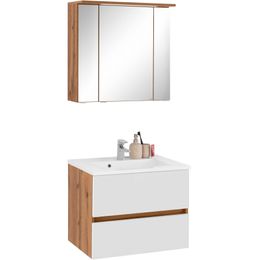 Badmöbel-Set Welltime "Lucca", weiß (eichefarben, weiß), Kastenmöbel-Sets, Breite 60 cm, mit LED-Spiegelschrank