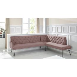 Eckbank exxpo - SOFA FASHION "Doppio, Chesterfield Optik, komfortabel und bequem, hohe Designfüße" Sitzbänke Gr. B/H/T: 197 cm x 90 cm x 255 cm, Samtvelours, langer Schenkel links, pink (powder pink) Frei im Raum stellbar