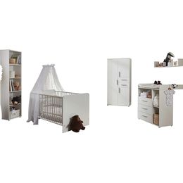 Babyzimmer-Komplettset BMG MÖBEL "Lea" Schlafzimmermöbel-Sets Gr. Mit Umbauseiten-Set + ohne Matratze, weiß Baby Bett + Wickelkommode 3-trg. Schrank Standregal Wandboard