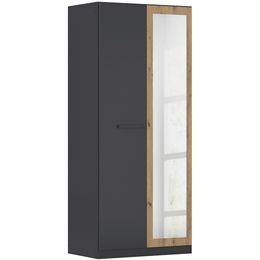 Drehtürenschrank Rauch "Kleiderschrank Schrank Garderobe Garderobenschrank Stauraumwunder MODI" Schränke Gr. B/H/T: 91 cm x 210 cm x 54 cm, Mit Spiegel, grau (graumetallic, eiche artisan) inkl. Stoff-Organizer mit 6 Fächern optionaler Spiegel MADE IN GERMANY