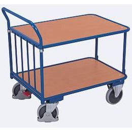 Schäfer Shop Schiebebügelwagen, Stahl/MDF-Platte, Enzianblau/Buche-Dekor, 2 Etagen, L 830 x B 495 mm, mit senkrechten Rohren, TPE-Rollen mit EasySTOP, bis 400 kg