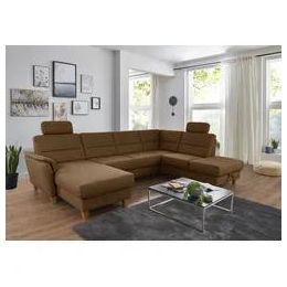 Wohnlandschaft Home Affaire "Palmera U-Form" Sofas Gr. B/H/T: 308 cm x 89 cm x 212 cm, Struktur weich, Ottomane rechts, mit Bettfunktion-ohne Bettkasten, braun (messing) Federkern, wahlweise mit Bettfunktion und mitohne Stauraum