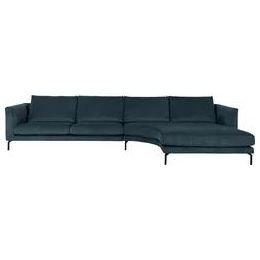 Ecksofa furninova "Designpolsterecke mit erstklassigem Sitzkomfort" Sofas Gr. B/H/T: 371cm x 80cm x 177cm, Velours, Recamiere rechts, ohne Bettfunktion, blau (petrol) mit abgerundetem Longchair, im skandinavischen Design