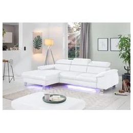 Ecksofa COTTA "Komaris L-Form" Sofas Gr. B/H/T: 244cm x 72cm x 166cm, Kunstleder SOFTLUX, Recamiere links, ohne Bettfunktion-ohne Bettkasten-mit RGB-LED-Beleuchtung, weiß mit Kopfteilverstellung, wahlweise Bettfunktion,Stauraum & Beleuchtung