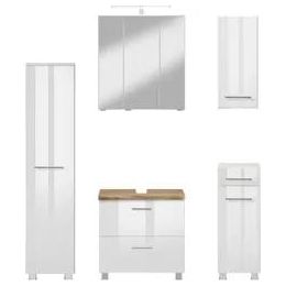 Badmöbel-Set Welltime ""Trento", Badezimmer-Set, Hängeschrank, Unterschrank, Midischrank" Kastenmöbel-Sets Gr. B/H/T: 120 cm x 200 cm x 35 cm, weiß (hochglanz weiß, baumkante) Waschbeckenunterschrank, Spiegelschrank inkl. Aufbauleuchte