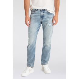 Regular-fit-Jeans BOSS Orange "TROY BO" Gr. 34, Länge 32, blau (bright blue435) Herren Jeans mit Leder-Badge