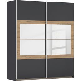 Schwebetürenschrank Rauch "Kleiderschrank Schrank Garderobe TARRAGONA in 3 Breiten" Schränke Gr. B/H/T: 181 cm x 210 cm x 62 cm, 2 St., grau (graumetallic, eiche artisan) Spiegelmitteltüren mit Rahmen in Absetzungsfarbe