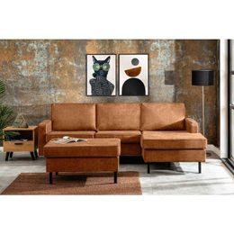 Invia Loft Ecksofa rechts 4 Sitzer aus Leder und Mikrofaser, cognac - Konsimo