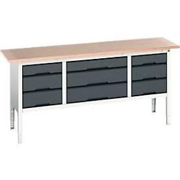 Kastenwerkbank Bott verso, mit Multiplex-Platte, 9 Schubladen, B 2000 x T 600 x H 830 - 930 mm, Lichtgrau RAL 7035 /6 Anthrazitgrau RAL 701