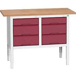 Kastenwerkbank Bott verso, Multiplex-Platte, 6 Schubladen, B 1250 x T 600 x H 830 - 930 mm, RAL 7035 Lichtgrau / Purpurrot