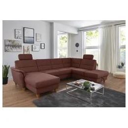 Wohnlandschaft Home Affaire "Palmera U-Form" Sofas Gr. B/H/T: 308 cm x 89 cm x 212 cm, Struktur weich, Ottomane rechts, mit Bettfunktion-mit Bettkasten, rosegold (kupfer) Federkern, wahlweise mit Bettfunktion und mitohne Stauraum