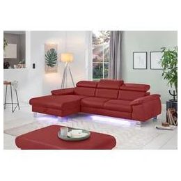 Ecksofa COTTA "Komaris L-Form" Sofas Gr. B/H/T: 244cm x 72cm x 166cm, NaturLEDER, Recamiere links, mit Bettfunktion-mit Bettkasten-mit RGB-LED-Beleuchtung, rot mit Kopfteilverstellung, wahlweise Bettfunktion,Stauraum & Beleuchtung