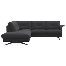 Ecksofa FLEXLUX "Glow, super bequem durch hochwertigem Sitzaufbau mit Federkern, L-Form" Sofas Gr. B/H/T: 236cm x 81cm x 224cm, Lederoptik, Ottomane links, Armlehnen in Walnuss, schwarz (gorilla schwarz) Modernes skandinavisches Design