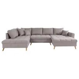 Wohnlandschaft Home Affaire "Penelope Luxus U-Form" Sofas Gr. B/H/T: 339cm x 90cm x 190cm, Luxus-Microfaser Lederoptik, Recamiere rechts, grau (taupe) mit besonders hochwertiger Polsterung für bis zu 140 kg pro Sitzfläche