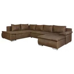 Wohnlandschaft Home Affaire "Acra U-Form" Sofas Gr. B/H/T: 325 cm x 83 cm x 229 cm, Luxus-Microfaser in Lederoptik, Ottomane links, braun (cognac) mit Bettfunktion und Bettkasten, in Mattenoptik