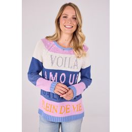 LIEBLINGSSTÜCK Rundhalspullover LIEBLINGSSTÜCK "BamikaL" Gr. 42, blau (light blue gestreift) Damen Pullover mit Streifenintarsie & Schriftzügen