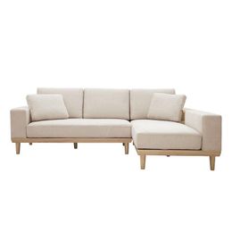 Miliboo Ecksofa rechts 5-Sitzer mit Stauraum beiger Stoff mit strukturiertem Samteffekt und helles Holz komao