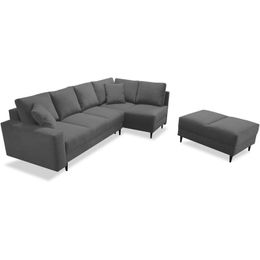 Ecksofa mit Hocker North - Schlaffunktion & Bettkasten - Eckcouch 260x260 cm mit Samtstoff - Ottomane rechts freistehend - Dunkelgrau - Dunkelgrau