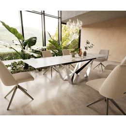 DeLife Esstisch Edge 200-300x100 Keramik Calacatta Luxe Weiß-Gold-Grau Spider Flachstahl Edelstahl ausziehbar, Esstische