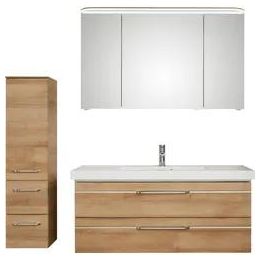 Badmöbel-Set SAPHIR "Balto Sprint 3-teilig, Mineralmarmor-Waschtisch mit LED-Spiegelschrank" Kastenmöbel-Sets Gr. B/H/T: 153 cm x 200 cm x 50,8 cm, 1 Mineralmarmor-Waschtisch weiß-1 Waschtischunterschrank mit 2 Auszügen-1 Spiegelschrank mit 2 Drehtüren-1 LED-Lichtkranz-1 Midischrank mit 1 Drehtür, 2 Auszügen, braun (riviera eiche quer nachbildung) Badezimmer Set mit Midischrank inkl Türdämpfer, 4 