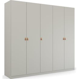 Drehtürenschrank Rauch "Homey by Quadra Spin" Schränke Gr. B/H/T: 226 cm x 210 cm x 54 cm, 5 St., grau (seidengrau) mit Grifflaschen aus weichem, cognacbraunem Leder