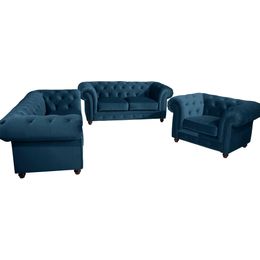 Polstergarnitur Max Winzer "Old England Chesterfield, hochwertig und elegant" Sitzmöbel-Sets Gr. H/T: 76cm x 96cm, Samtvelours 20442, blau (petrol) mit edler Knopfheftung, 3-tlg.