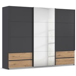 Schwebetürenschrank Rauch "Kleiderschrank Schrank Garderobe Wäscheschrank ELARA mit Spiegel" Schränke Gr. B/H/T: 271 cm x 210 cm x 62 cm, 3 St., grau (graumetallic, eiche artisan) praktische Schubladen optional farblich abgesetzt MADE IN GERMANY