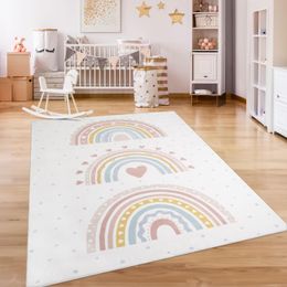 Kinderteppich Paco Home "Eliz 392" Teppiche Gr. B/L: 140 cm x 200 cm, 12 mm, 1 St., rosa Kinder Kurzflor, Spielteppich, Patchwork-Muster, Motiv Punkte & Regenbogen