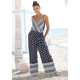 Overall Vivance Gr. 34, N-Gr, blau (blau, bedruckt) Damen Overalls mit Bordürendruck und Taschen, sommerlicher Jumpsuit, weites Bein