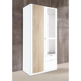 Kleiderschrank Priess, weiß (weiß, struktureichefarben hell), B:94cm H:193cm T:54cm, Holzwerkstoff, Schränke, Drehtürenschrank Kleiderschrank, mit gerundeten Elementen auf den Außentüren