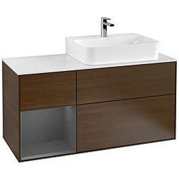 Villeroy & Boch Villeroy und Boch Finion Waschtischunterschrank F141GKGN 120cm, Abdeckplatte glass white Matt, Regal links Anthracite matt, Walnut veneer