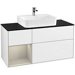 Villeroy & Boch Villeroy und Boch Finion Waschtischunterschrank G162HHGF 120cm, Abdeckplatte black matt, Emotion, Regal links Sand Matt Lacquer, Glossy white lacquer