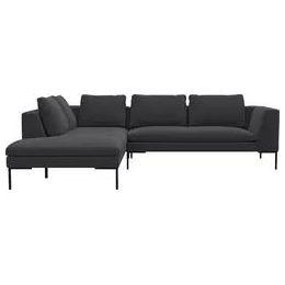 Ecksofa FLEXLUX "Loano, superbequemer Sitzkomfort durch Kaltschaum im Sitz" Sofas Gr. B/H/T: 284cm x 86cm x 230cm, Lederoptik, lange Ottomane links, schwarz (gorilla black) modernes Sofa, frei im Raum stellbar, lose Kissen