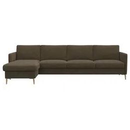 Ecksofa FLEXLUX "Fiore, super Sitzkomfort durch Kaltschaum im Sitz, L-Form" Sofas Gr. B/H/T: 280cm x 85cm x 159cm, Lederoptik, Chaiselongue links, braun (camel brown) schmale Armlehnen, Füße Alu+ Eiche