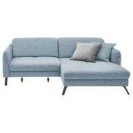 Ecksofa SET ONE BY Musterring "SO 4400 V" Sofas Gr. B/H/T: 259cm x 84cm x 167cm, Struktur weich AMSTERDAM, Recamiere rechts, mit Armteilverstellung-mit Kopfteilverstellung-mit Sitting-Bett motorisch-PUR-Schaumstoff, blau (eisblau) wahlweise mit motorischer Bettfunktion & Kopfverstellung, Fuß schwarz