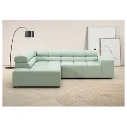 Ecksofa Inosign "Ancona, incl. Kopfteilverstellung + 3 Zierkissen L-Form" Sofas Gr. B/H/T: 249cm x 70cm x 215cm, Velours, Recamiere links, ohne Sitztiefenverstellung, grün (mint) wahlweise motorische Sitztiefenverstellung, BT(H: 24921570 cm