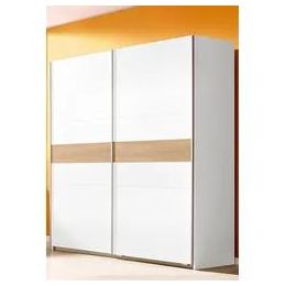 Schwebetürenschrank Rauch "Kleiderschrank Schrank Garderobe Kinderzimmerschrank NOOSA" Schränke Gr. B/H/T: 175cm x 191cm x 59cm, 2 St., weiß (alpinweiß/eiche sonoma hell) mit Bauchbinde in Absetzfarbe sowie Metallgriffleisten MADE IN GERMANY