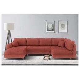 Wohnlandschaft Home Affaire "CHARRE U-Form, incl. 3 Zierkissen" Sofas Gr. B/H/T: 310 cm x 81 cm x 161 cm, Cord, Recamiere links, rot auch in Cord und Bouclé, feine Steppung, lose Rückenkissen